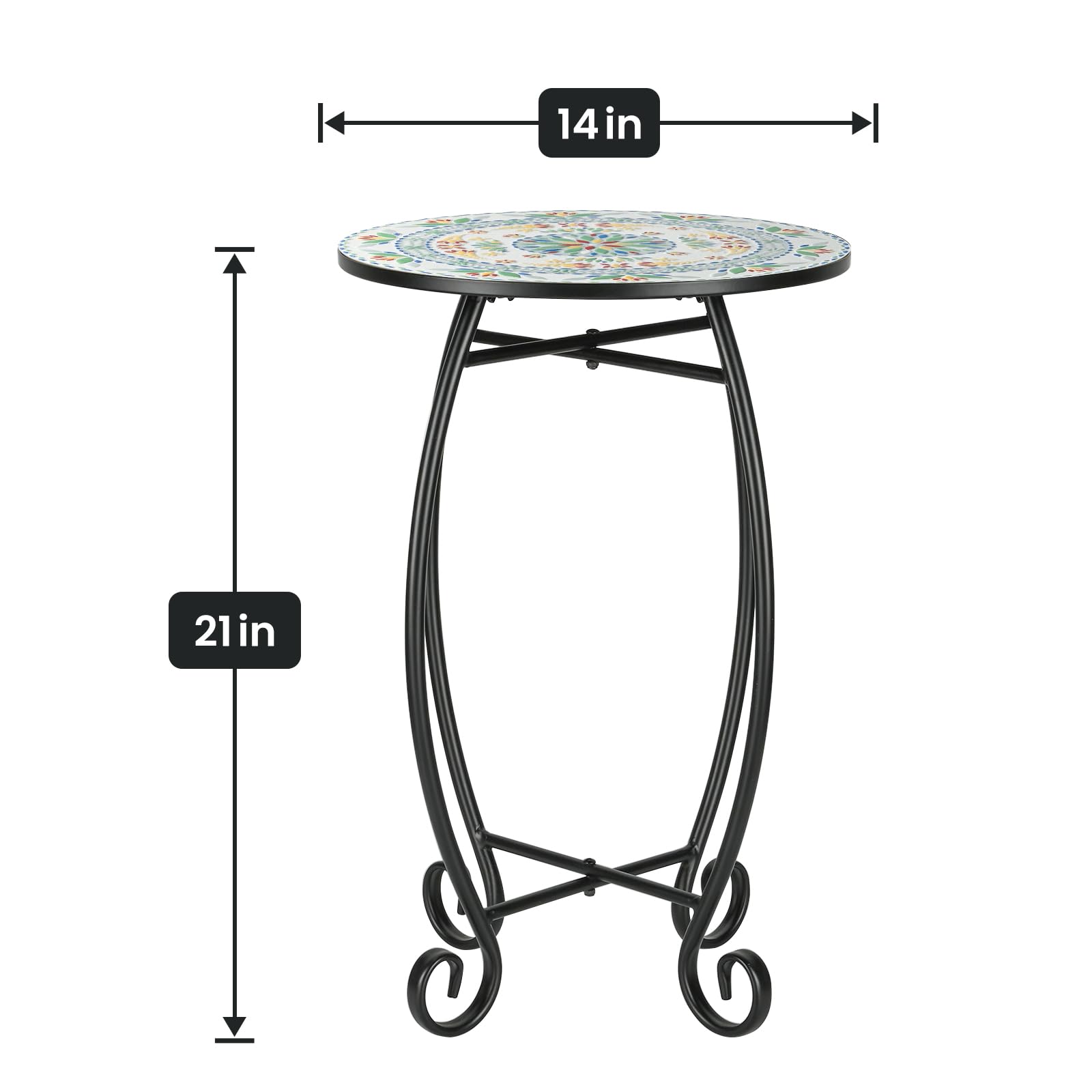 Side Table, 14" Round End Table, Unique Relief Ceramic Tile Tabletop w ...