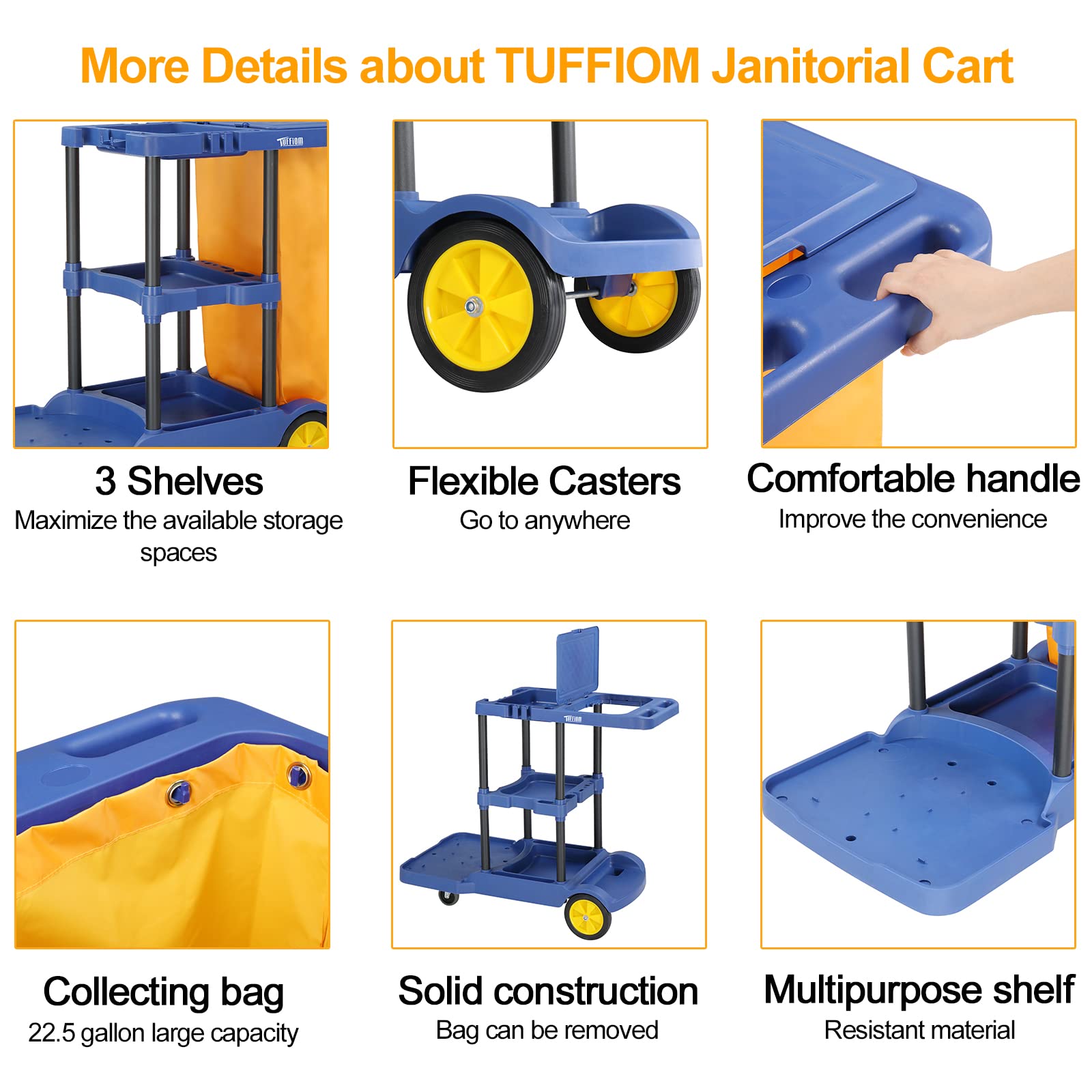 TUFFIOM Commercial Traditional Cleaning Janitorial 3-Shelf Cart, 500 L ...