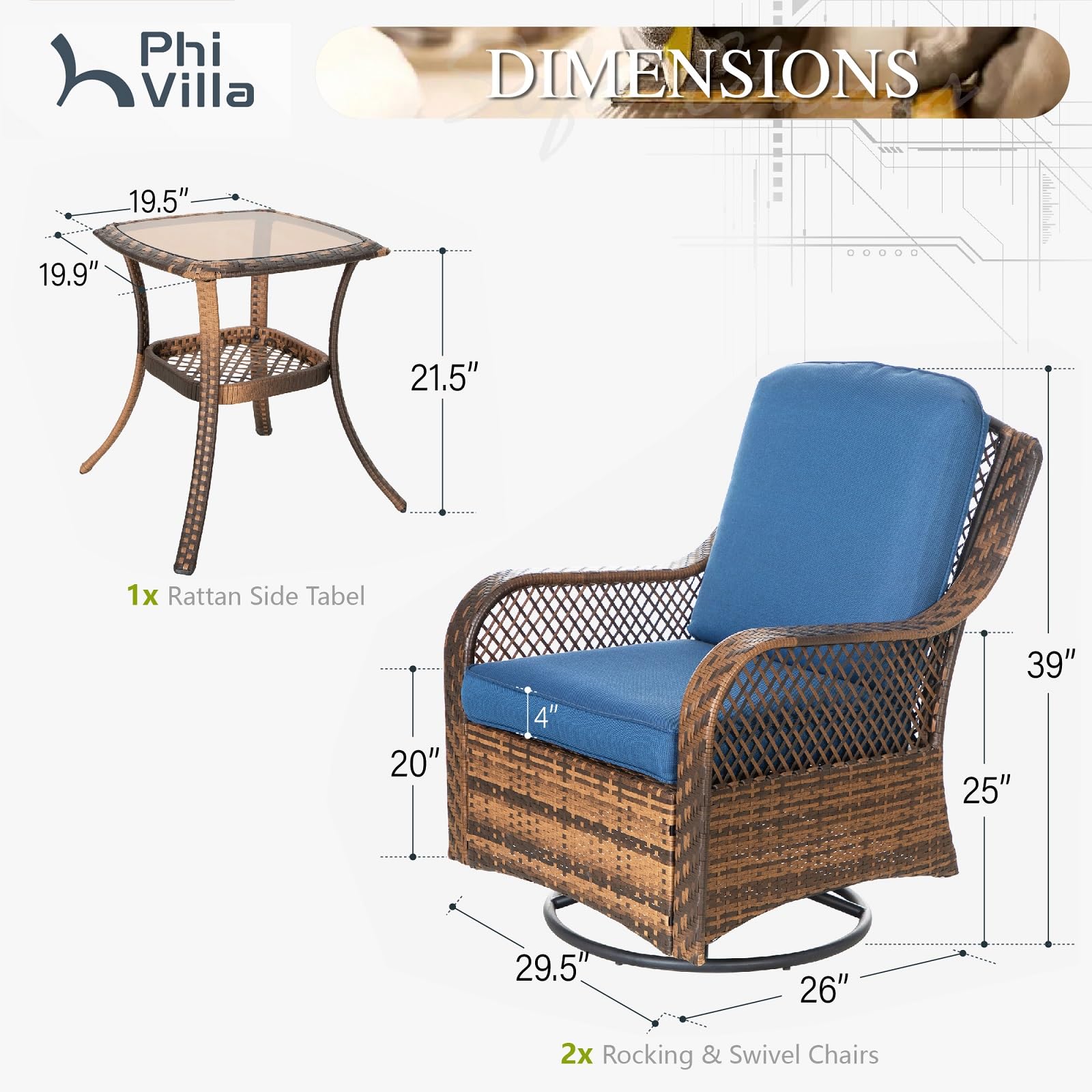 PHI VILLA Oversized Outdoor Swivel Rocker Chairs Set 3 Piece with 1 Ta ...