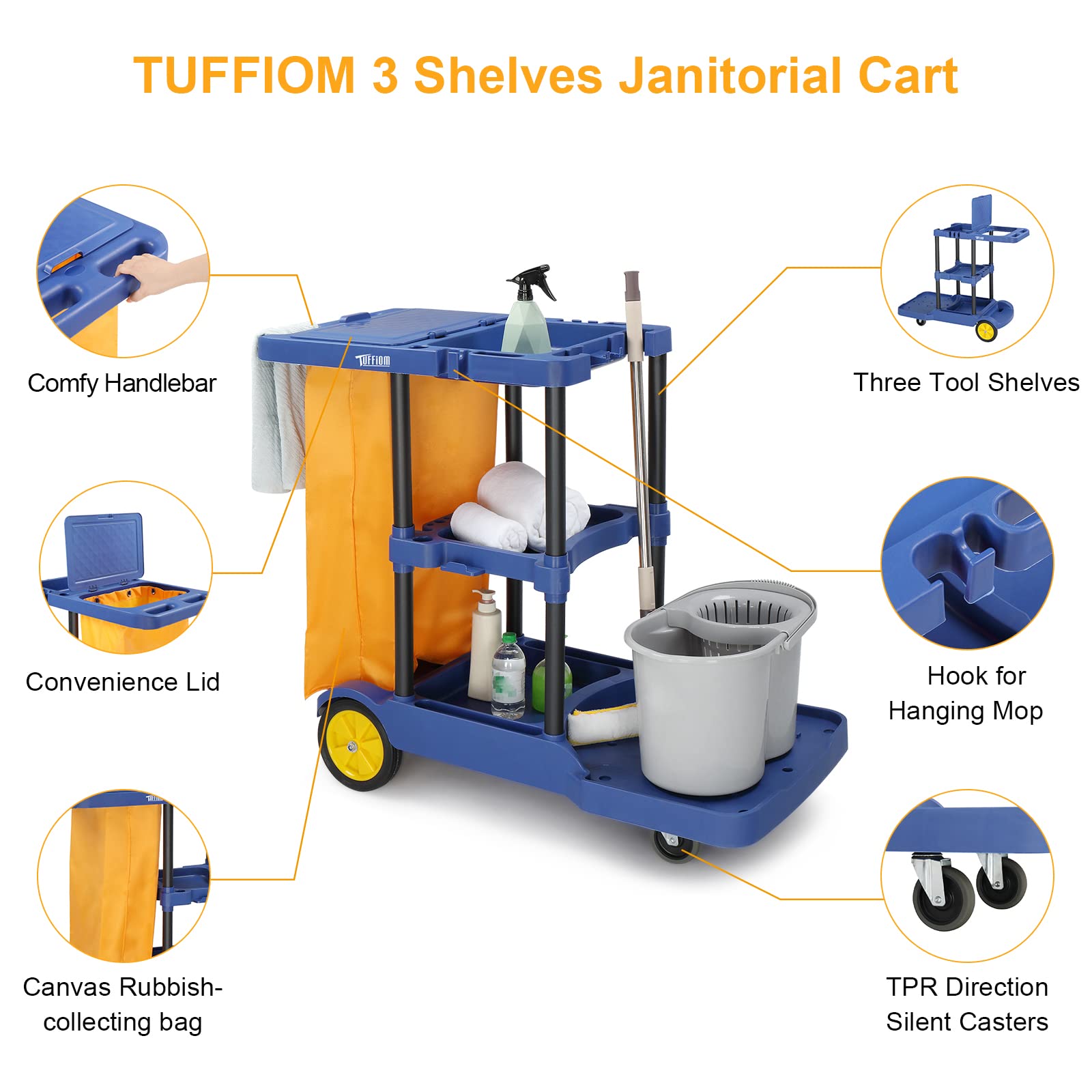 TUFFIOM Commercial Traditional Cleaning Janitorial 3-Shelf Cart, 500 L ...